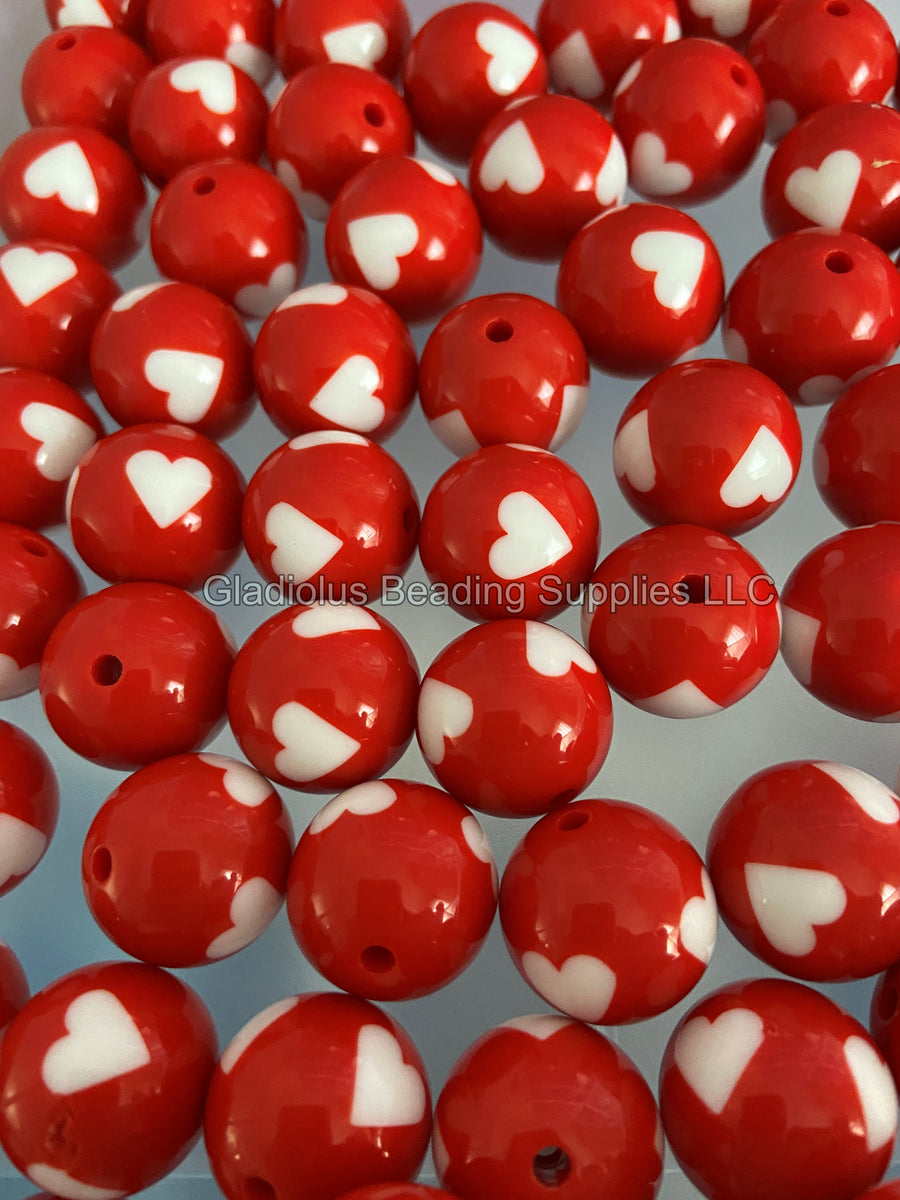 20mm Red Solid Heart Print - Acrylic Beads - Bubblegum Beads - Chunky ...
